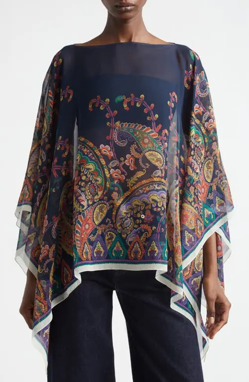 Etro Paisley Print Silk Chiffon Poncho - Printed Blue Base