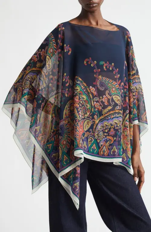 Etro Paisley Print Silk Chiffon Poncho - Printed Blue Base