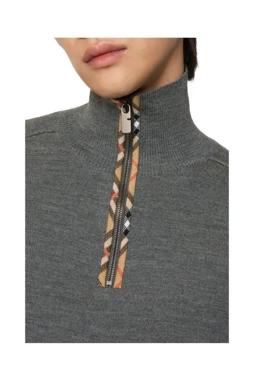 Burberry Check Trim Wool Half-zip Sweater