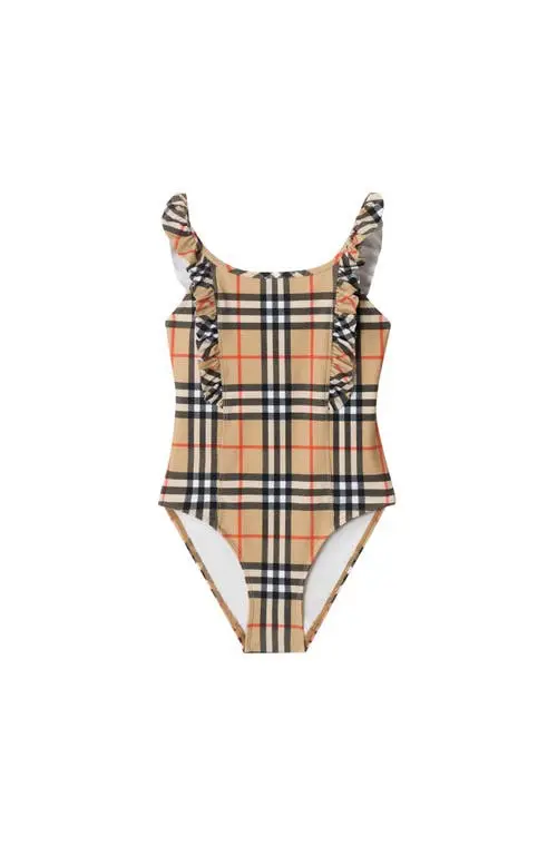 Burberry Check Swimsuit With Ruffle Trim - Sand Beige