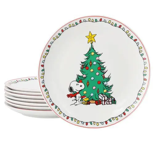 PEANUTS Xmas 8 Piece 10.5 Inch Round Stoneware Dinner Plate Set - White