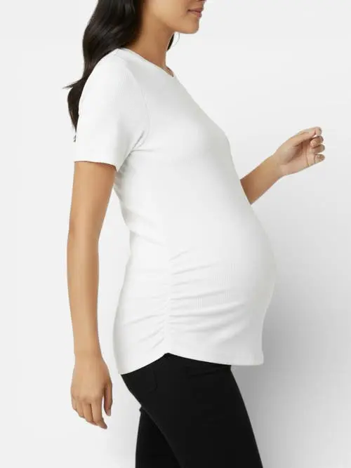 Motherhood Maternity Crew Neck Side-ruched Maternity Short Sleeve Top - White