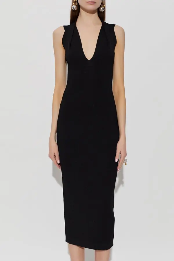 Balmain Sleeveless V-neck Midi Dress - Black
