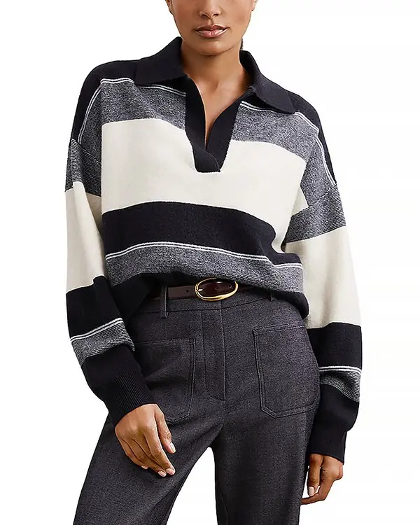 REISS Stripe Long Sleeve Sweater - Navycream
