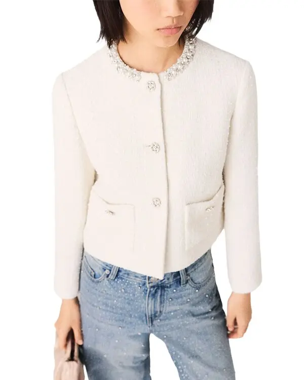 Maje Faux Pearl Trim Tweed Jacket - Ecru
