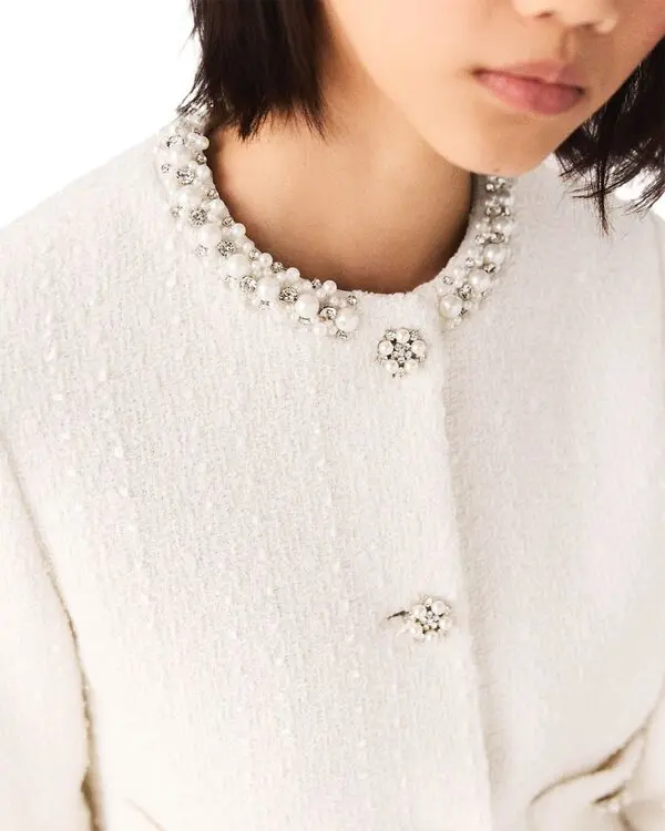 Maje Faux Pearl Trim Tweed Jacket - Ecru