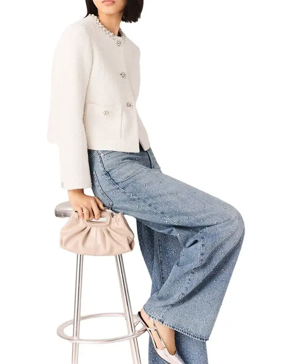 Maje Faux Pearl Trim Tweed Jacket - Ecru