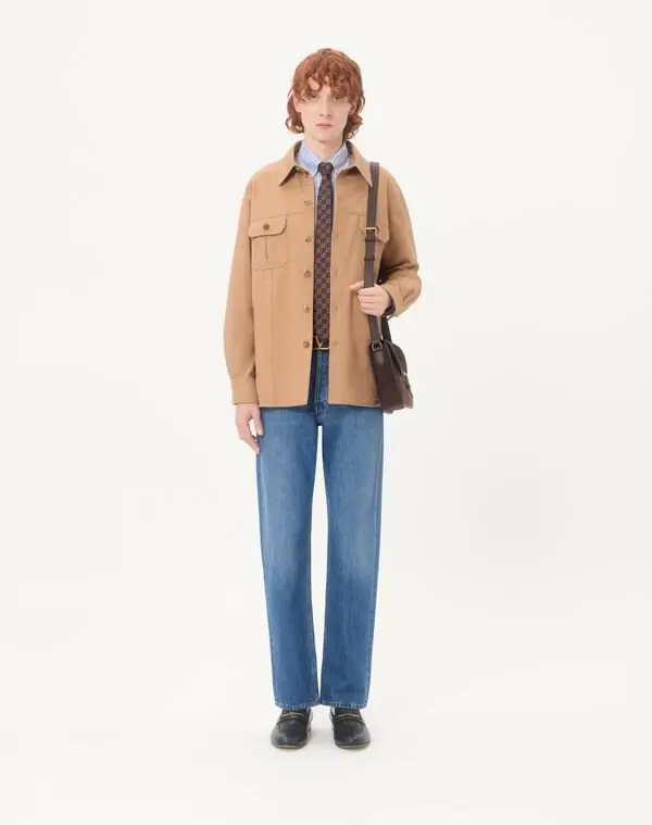 Valentino Garavani Cotton Gabardine Shirt Jacket With Vgold - Camel