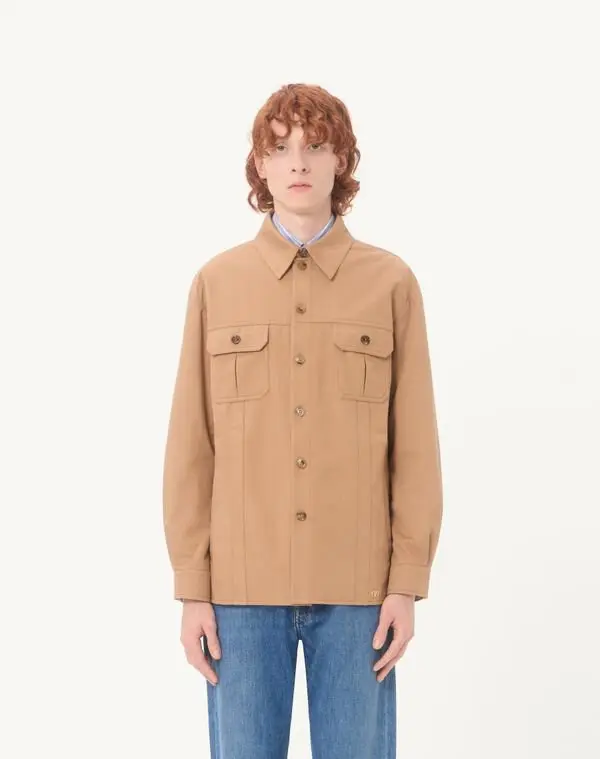 Valentino Garavani Cotton Gabardine Shirt Jacket With Vgold - Camel