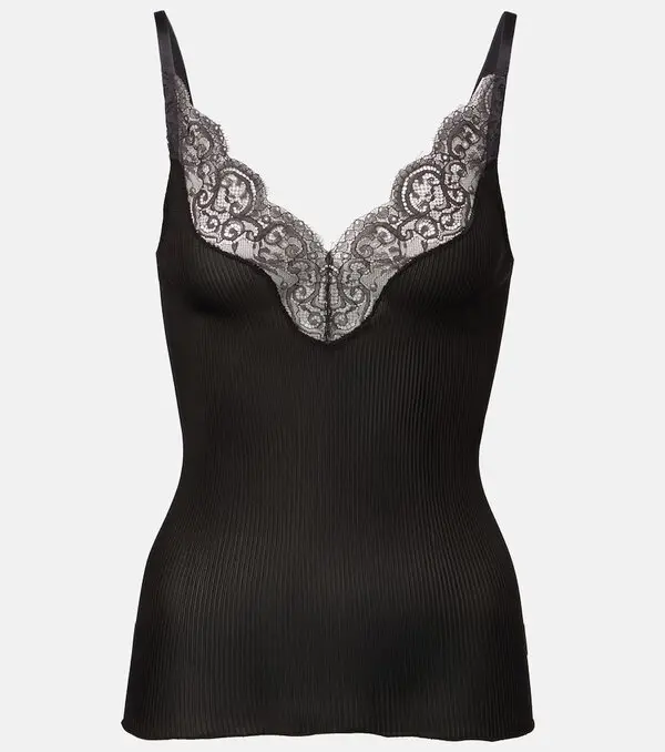 Saint Laurent Lace-trimmed Ribbed-knit Silk Camisole - Black