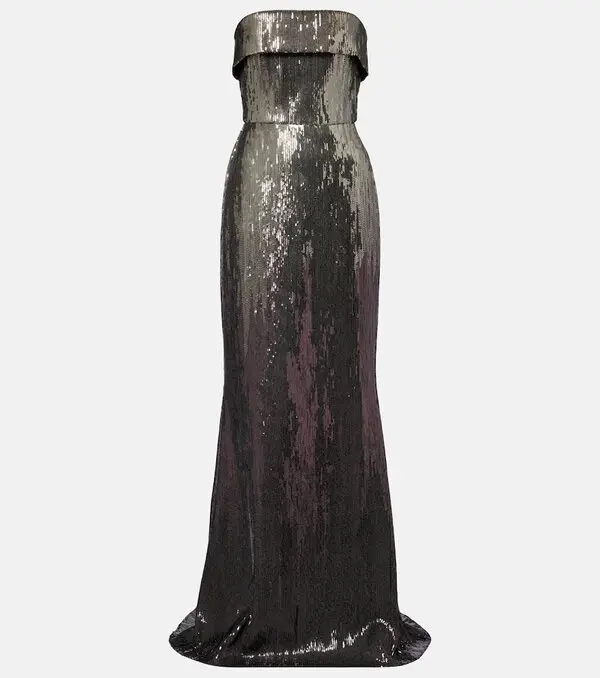 Elie Saab Sequin Embellished Strapless Gown - Silver