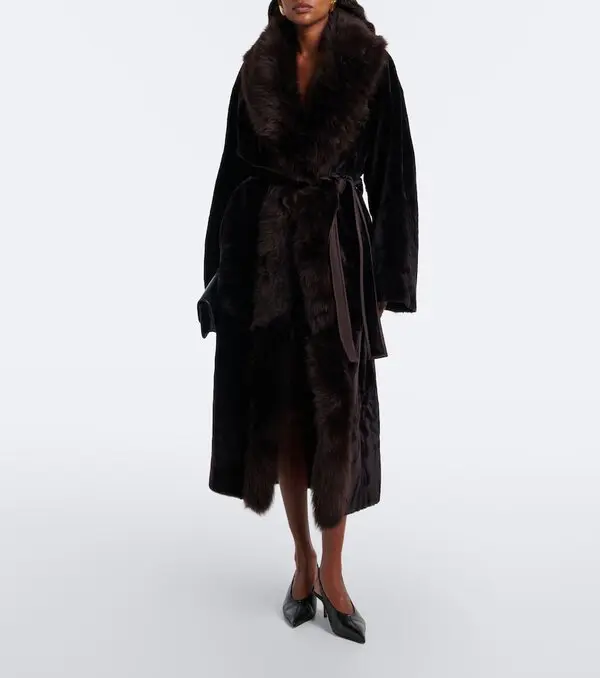 Nour Hammour Isadora Shearling Wrap Coat - Brown