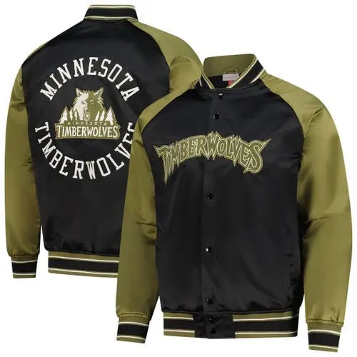 Mitchell & Ness Minnesota Timberwolves Clutch Satin Raglan Jacket - Olive