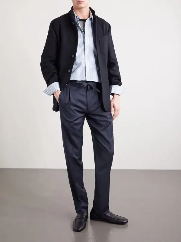 LARDINI Slim-fit Pleated Virgin Wool Drawstring Trousers - Blue