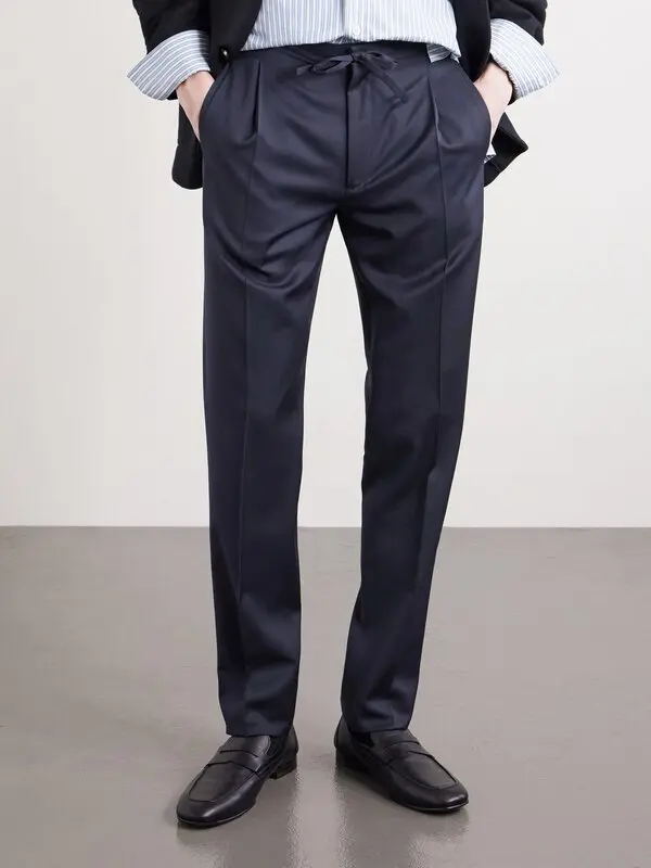 LARDINI Slim-fit Pleated Virgin Wool Drawstring Trousers - Blue