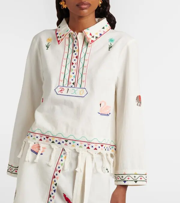 Rixo Ludmilla Embroidered Cotton Polo Shirt