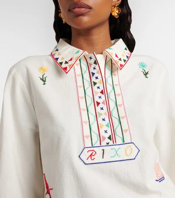 Rixo Ludmilla Embroidered Cotton Polo Shirt
