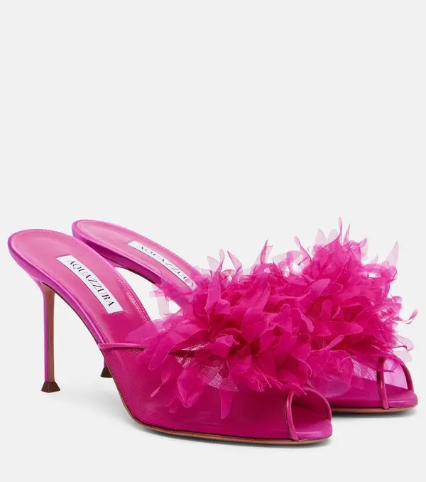 AQUAZZURA Floral-appliqué Mesh Mules - Pink