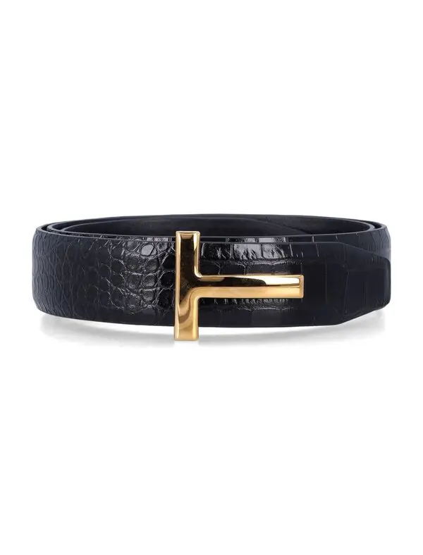 TOM FORD Croc-embossed Leather T Buckle Belt - Black