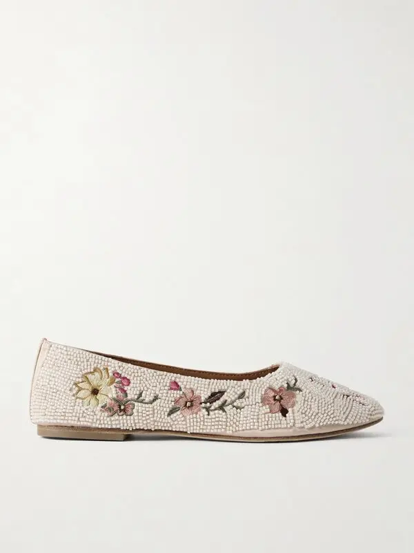 Staud Alba Beaded Embroidered Ballet Flats - Neutrals