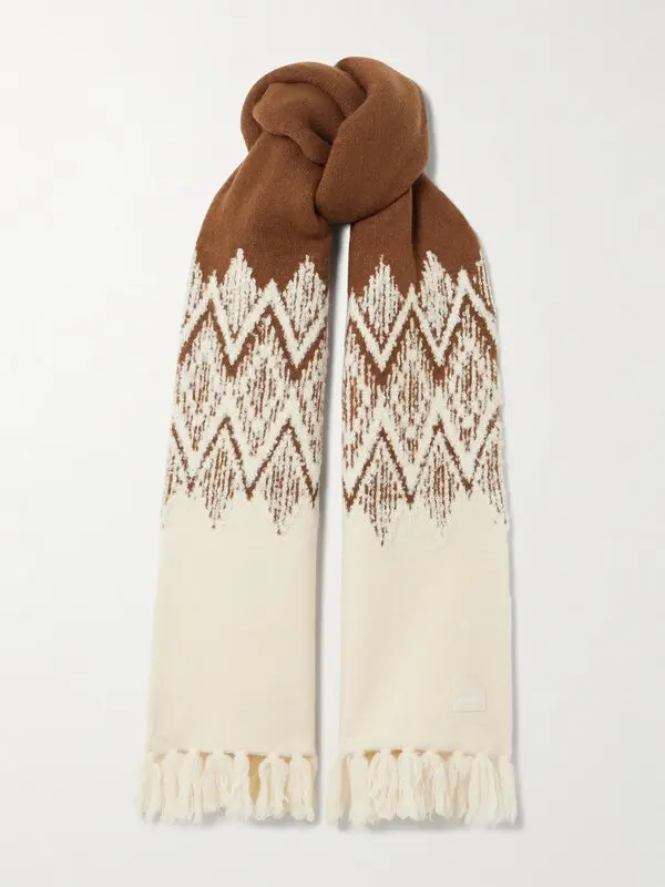 Varley Sebastian Fringed Fair Isle Knitted Scarf - Brown
