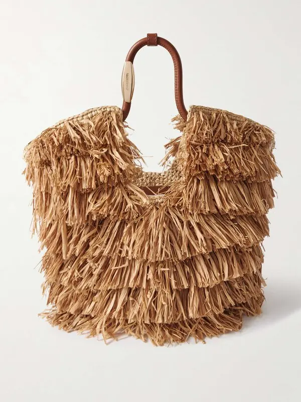 Zimmermann Small Raffia Tote With Leather Trim And Fringe