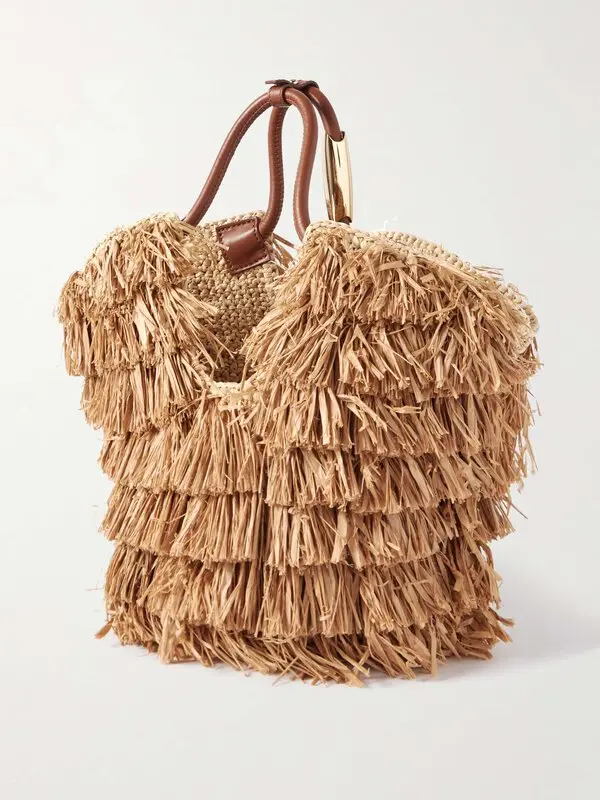 Zimmermann Small Raffia Tote With Leather Trim And Fringe