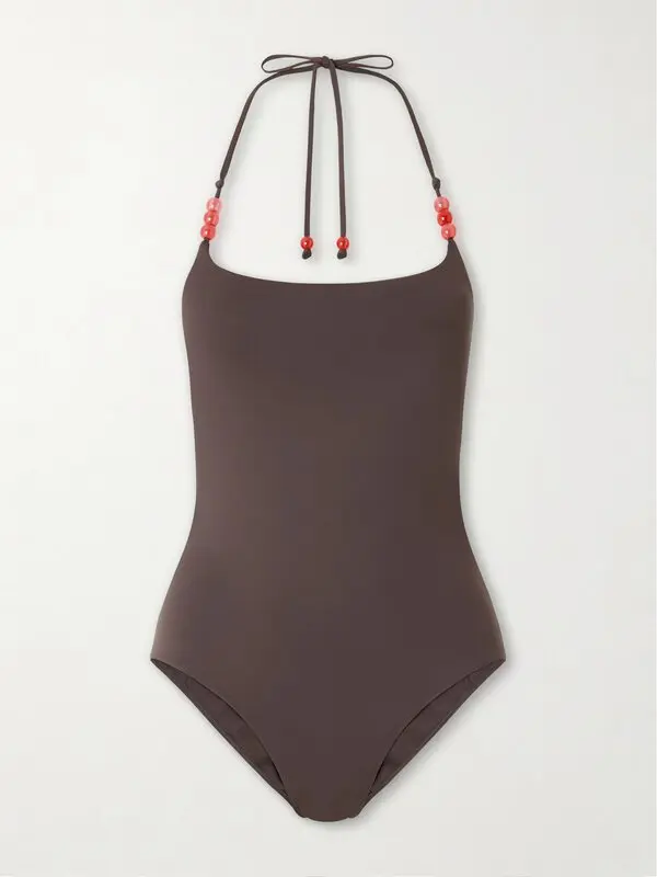 Staud Laird Embellished Halterneck Swimsuit - Brown