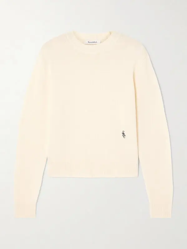 SPORTY & RICH Cropped Embroidered Cashmere And Wool-blend Sweater - Beige