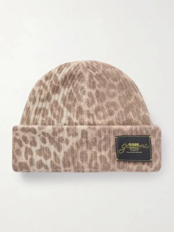 GANNI Leopard-print Ribbed-knit Beanie - Animal Print