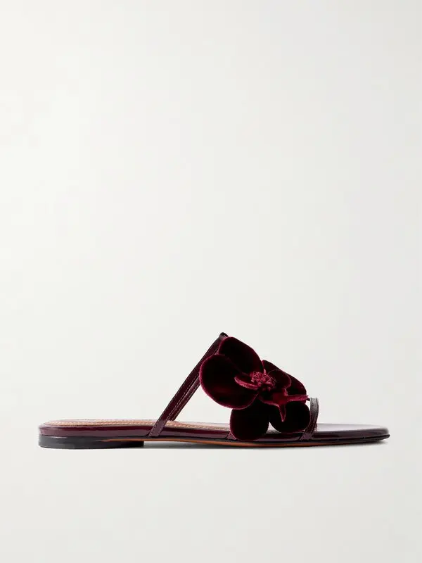 Zimmermann Orchid Appliquéd Glossed-leather Slides - Burgundy