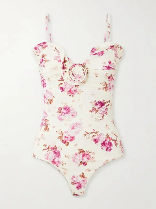 Magda Butrym Embellished Floral-print Swimsuit - Neutrals