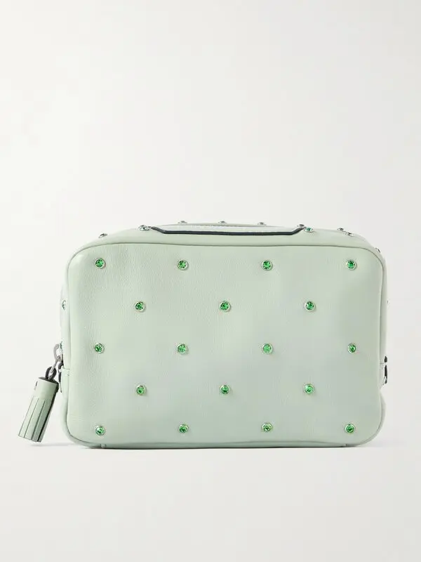 ANYA HINDMARCH Important Things Tasseled Crystal-embellished Leather Pouch - Green