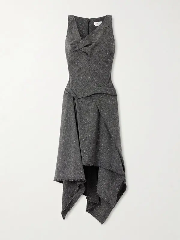 Alexander McQueen Asymmetric Prince Of Wales Checked Wool Midi Dress
