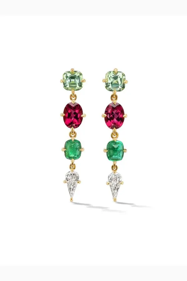 ETIQ Drop Earrings With Tourmaline, Rubellite, Emeralds, And Diamonds - Natural