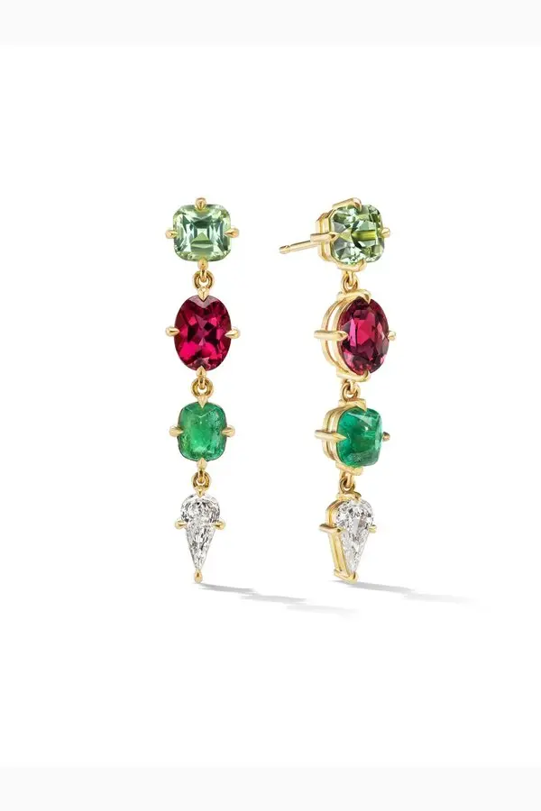 ETIQ Drop Earrings With Tourmaline, Rubellite, Emeralds, And Diamonds