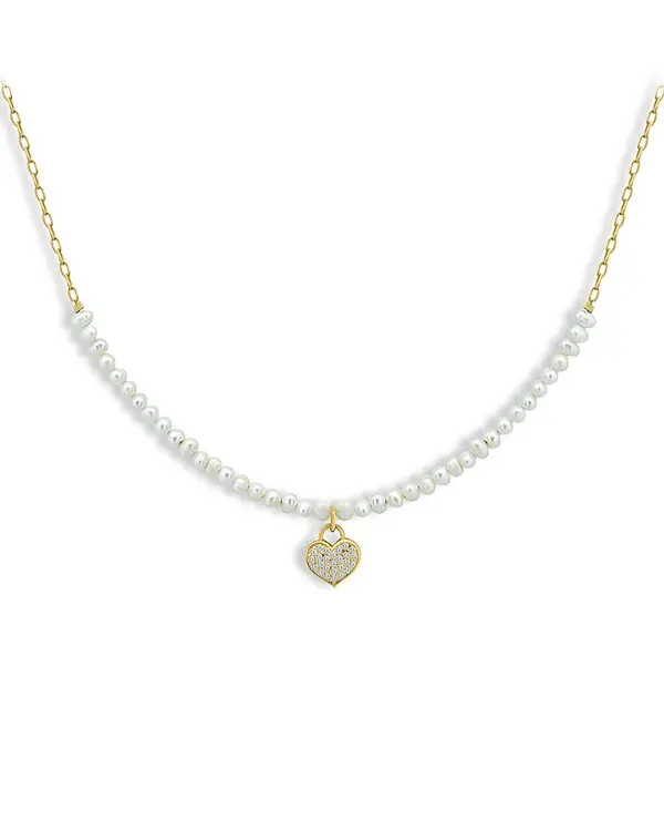 Aqua Pave Heart Pearl Pendant Necklace - Gold