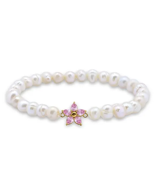 Aqua Cubic Zirconia Star Charm Pearl Beaded Stretch Bracelet - Pink