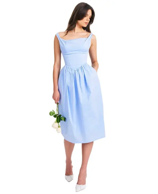 dropped waist corset midi dress Miss Circle Reina Blue Cotton Poplin Drop Waist Corset Midi Dress S