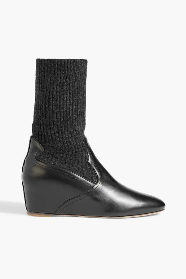 Gabriela Hearst Abner Leather And Ribbed-knit Wedge Ankle Boots