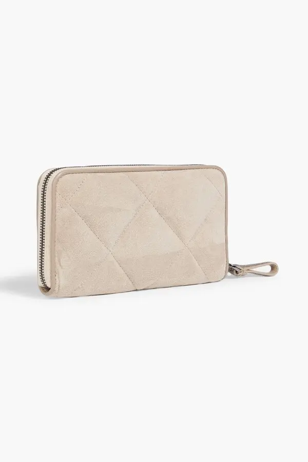 Brunello Cucinelli Beadembellished Quilted Suede Wallet - Beige