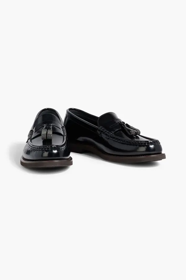 Brunello Cucinelli Bead-embellished Glossed-leather Loafers