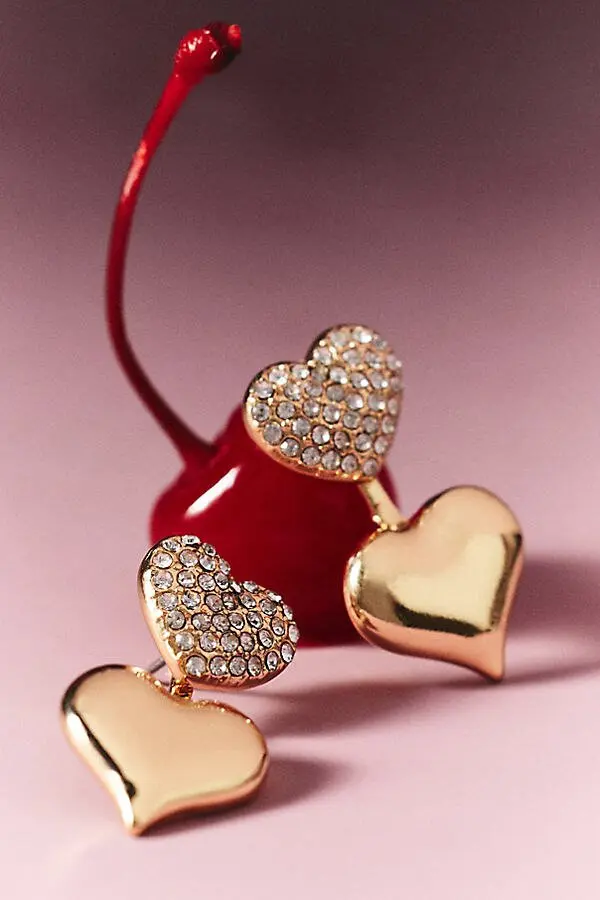 Anthropologie Crystal Heart Drop Earrings - Gold