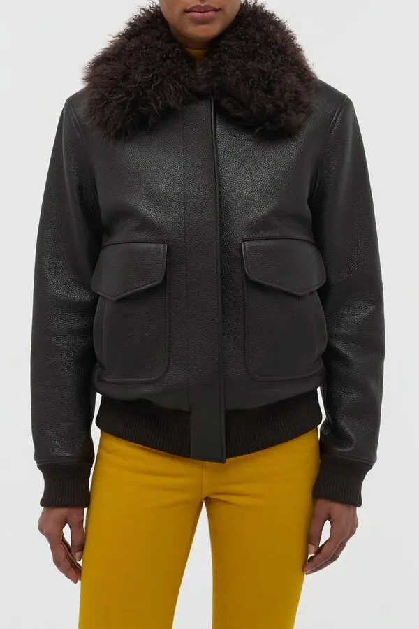 Gabriela Hearst Grant Textured Leather Bomber Jacket With Shearling Collar