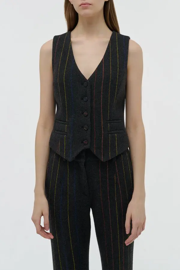 Gabriela Hearst Coleridge Pinstripe Wool Cashmere Vest - Charcoal Multi