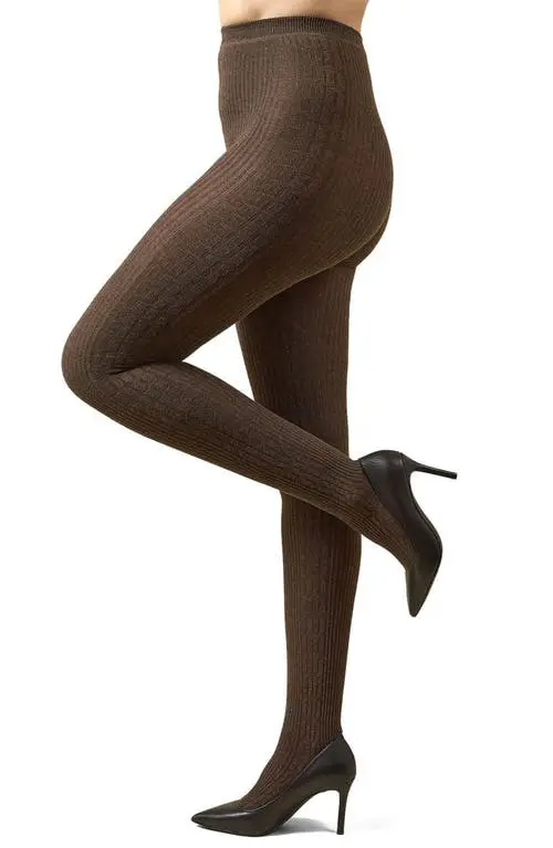 MEMOI Cable Stitch Sweater Tights - Brown Heather