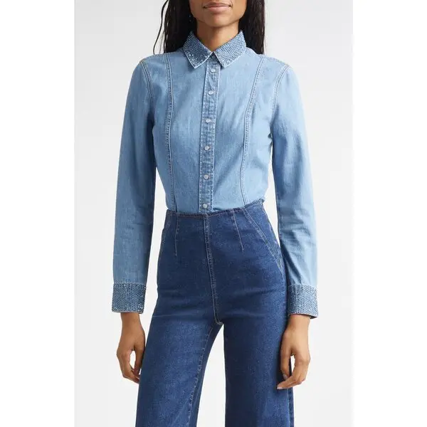 Veronica Beard Eddie Rhinestone Trim Denim Top