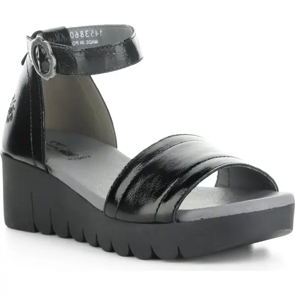 Fly London Voik Ankle Strap Platform Wedge Sandal - Black Patent