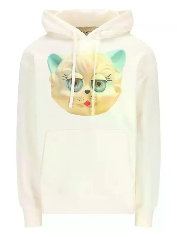 Valentino Garavani Cotton Hooded Sweatshirt With Le Chat De La Maison Print - Neutrals