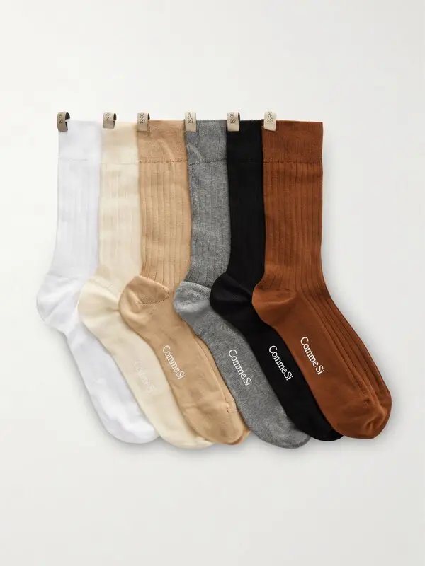 Comme Si The Yves Set Of Five Ribbed Cotton-blend Socks - Neutrals